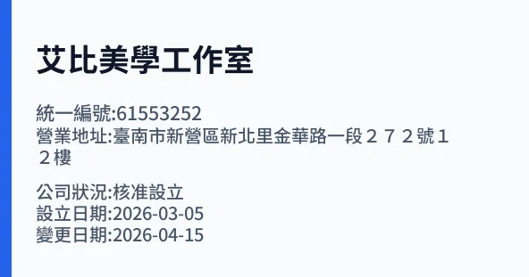 艾比美學工作室的照片-統編 61553252(臺南市) 公司登記資料與營業項目詳細圖表