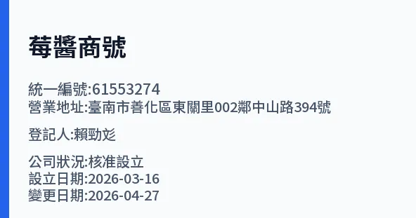 莓醬商號的照片-統編 61553274(臺南市) 公司登記資料與營業項目詳細圖表