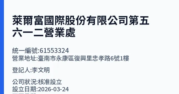 萊爾富國際股份有限公司第五六一二營業處的照片-統編 61553324(臺南市) 公司登記資料與營業項目詳細圖表