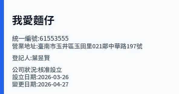 我愛麵仔的照片-統編 61553555(臺南市) 公司登記資料與營業項目詳細圖表