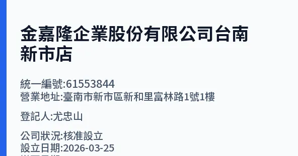 金嘉隆企業股份有限公司台南新市店的照片-統編 61553844(臺南市) 公司登記資料與營業項目詳細圖表