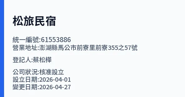 松旅民宿的照片-統編 61553886(澎湖縣) 公司登記資料與營業項目詳細圖表