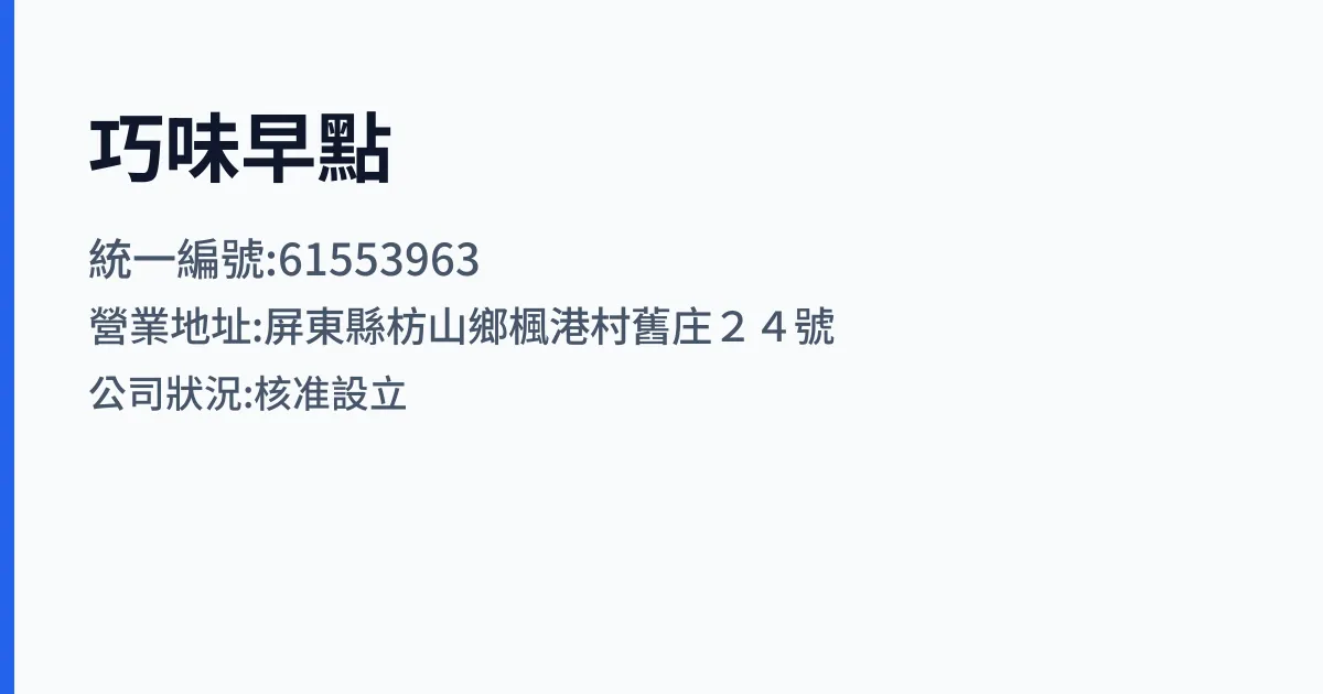 巧味早點 - 統編 61553963(屏東縣) 公司登記資料與營業項目詳細圖表
