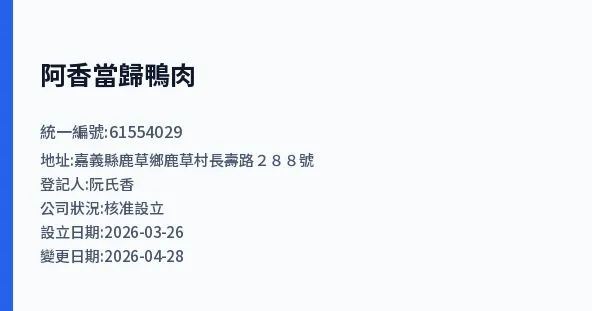 阿香當歸鴨肉的照片-統編 61554029(嘉義縣) 公司登記資料與營業項目詳細圖表