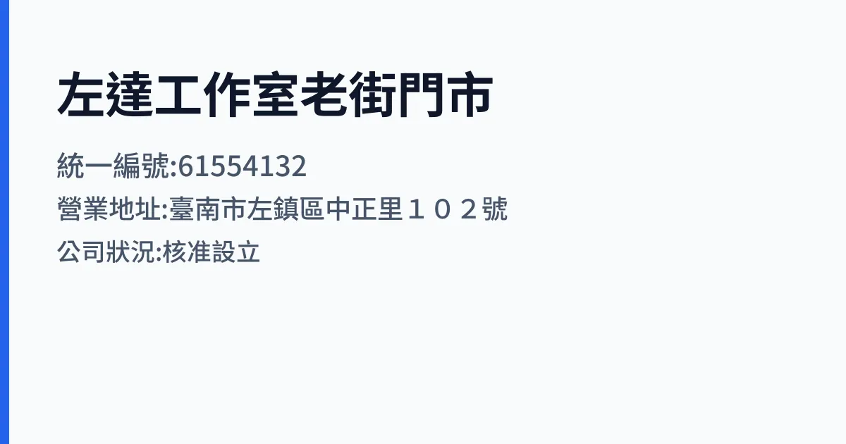 左達工作室老街門市 - 統編 61554132(臺南市) 公司登記資料與營業項目詳細圖表