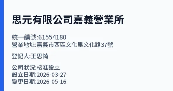 思元有限公司嘉義營業所的照片-統編 61554180(嘉義市) 公司登記資料與營業項目詳細圖表