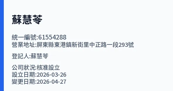 蘇慧苓的照片-統編 61554288(屏東縣) 公司登記資料與營業項目詳細圖表
