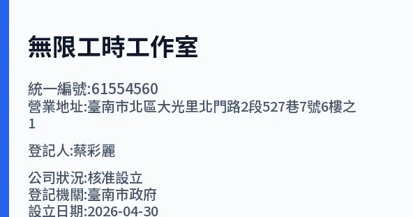 無限工時工作室的照片-統編 61554560(臺南市) 公司登記資料與營業項目詳細圖表