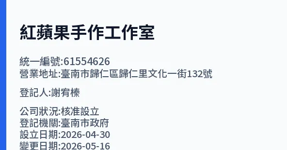 紅蘋果手作工作室的照片-統編 61554626(臺南市) 公司登記資料與營業項目詳細圖表