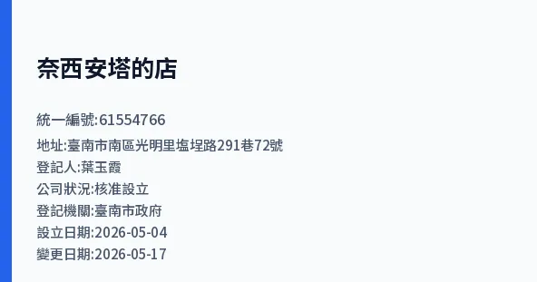 奈西安塔的店的照片-統編 61554766(臺南市) 公司登記資料與營業項目詳細圖表
