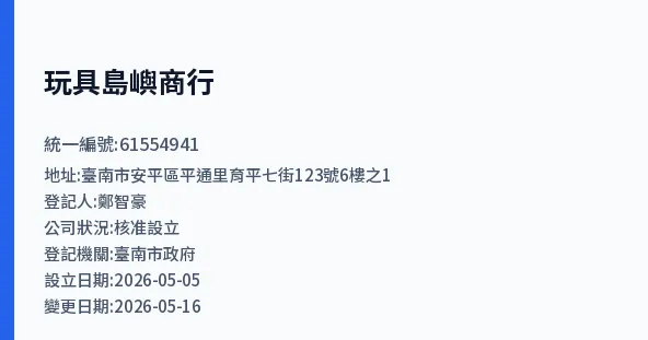 玩具島嶼商行的照片-統編 61554941(臺南市) 公司登記資料與營業項目詳細圖表