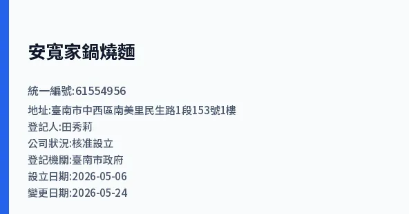 安寬家鍋燒麵的照片-統編 61554956(臺南市) 公司登記資料與營業項目詳細圖表