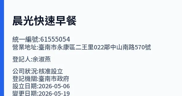 晨光快速早餐的照片-統編 61555054(臺南市) 公司登記資料與營業項目詳細圖表