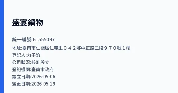 盛宴鍋物的照片-統編 61555097(臺南市) 公司登記資料與營業項目詳細圖表