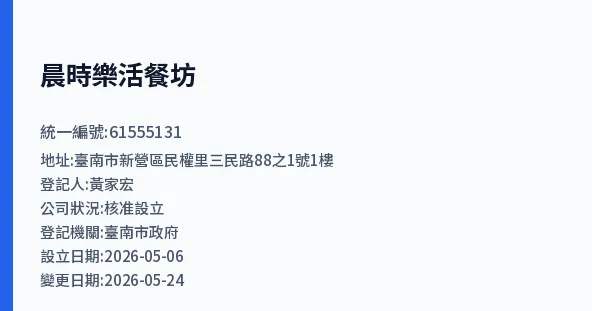 晨時樂活餐坊的照片-統編 61555131(臺南市) 公司登記資料與營業項目詳細圖表