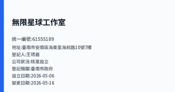 無限星球工作室的照片-統編 61555189(臺南市) 公司登記資料與營業項目詳細圖表