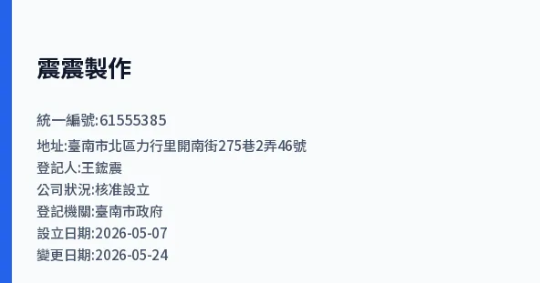 震震製作的照片-統編 61555385(臺南市) 公司登記資料與營業項目詳細圖表