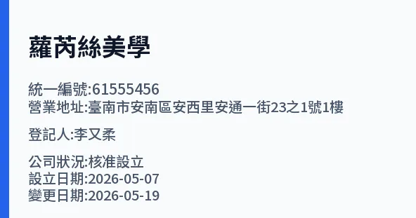 蘿芮絲美學的照片-統編 61555456(臺南市) 公司登記資料與營業項目詳細圖表
