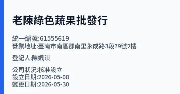 老陳綠色蔬果批發行的照片-統編 61555619(臺南市) 公司登記資料與營業項目詳細圖表