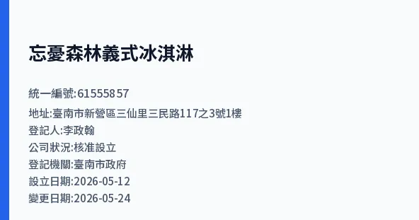 忘憂森林義式冰淇淋的照片-統編 61555857(臺南市) 公司登記資料與營業項目詳細圖表