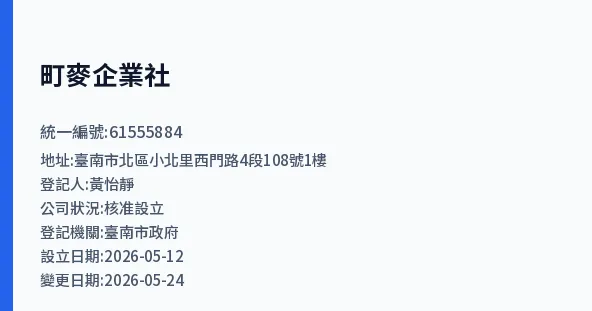 町麥企業社的照片-統編 61555884(臺南市) 公司登記資料與營業項目詳細圖表