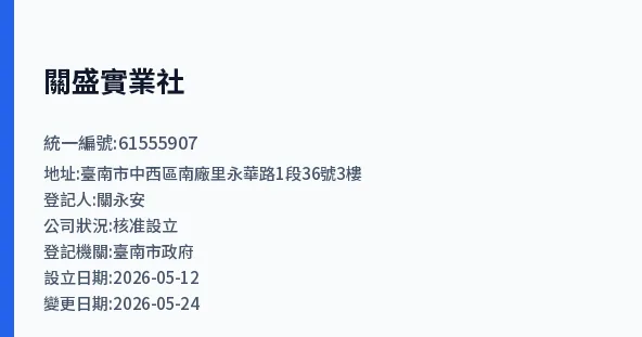 關盛實業社的照片-統編 61555907(臺南市) 公司登記資料與營業項目詳細圖表