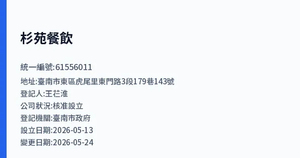 杉苑餐飲的照片-統編 61556011(臺南市) 公司登記資料與營業項目詳細圖表