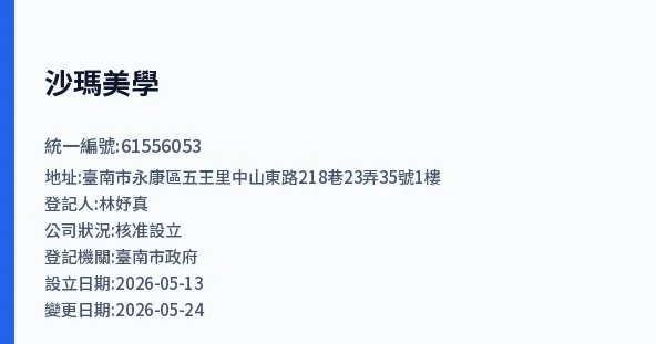 沙瑪美學的照片-統編 61556053(臺南市) 公司登記資料與營業項目詳細圖表