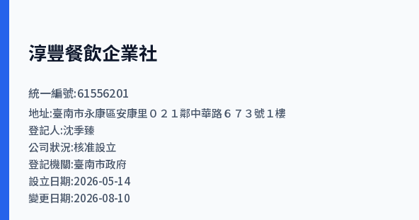 淳豐餐飲企業社的照片-統編 61556201 公司登記資料與營業項目詳細圖表
