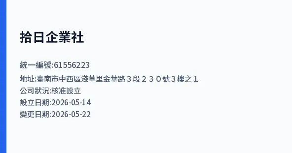 拾日企業社的照片-統編 61556223(臺南市) 公司登記資料與營業項目詳細圖表