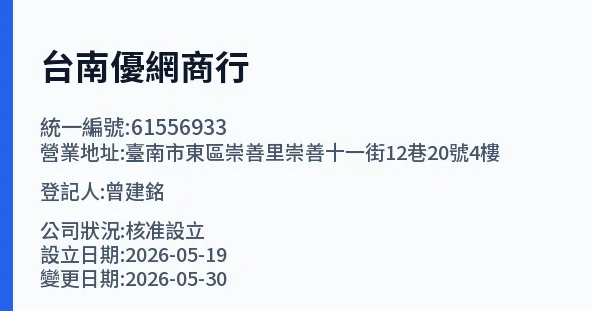 台南優網商行的照片-統編 61556933(臺南市) 公司登記資料與營業項目詳細圖表