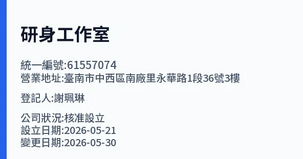 研身工作室的照片-統編 61557074(臺南市) 公司登記資料與營業項目詳細圖表