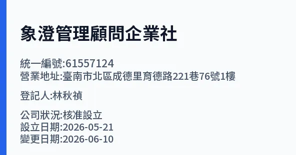 象澄管理顧問企業社的照片-統編 61557124(臺南市) 公司登記資料與營業項目詳細圖表