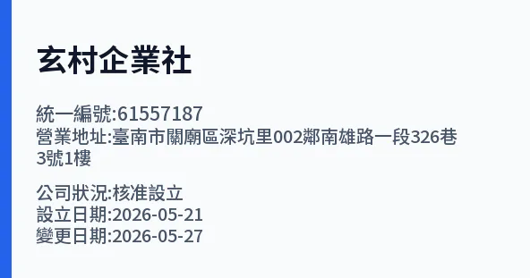 玄村企業社的照片-統編 61557187(臺南市) 公司登記資料與營業項目詳細圖表