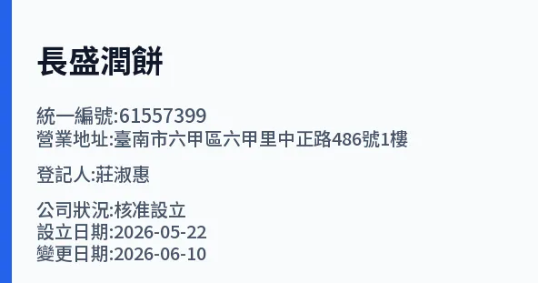 長盛潤餅的照片-統編 61557399(臺南市) 公司登記資料與營業項目詳細圖表