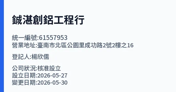 鋮湛創鋁工程行的照片-統編 61557953(臺南市) 公司登記資料與營業項目詳細圖表