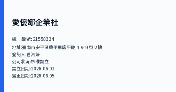 愛優娜企業社的照片-統編 61558334(臺南市) 公司登記資料與營業項目詳細圖表
