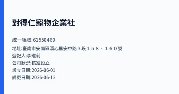 對得仁寵物企業社的照片-統編 61558469(臺南市) 公司登記資料與營業項目詳細圖表