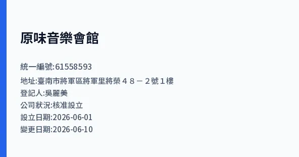 原味音樂會館的照片-統編 61558593(臺南市) 公司登記資料與營業項目詳細圖表