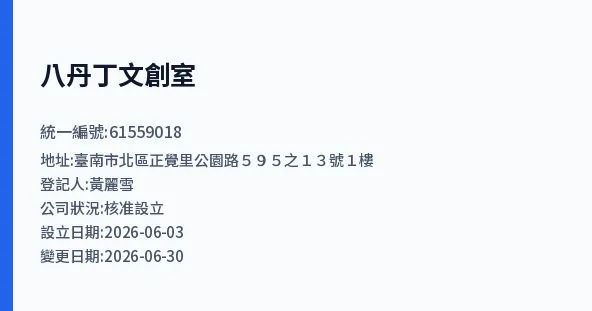 八丹丁文創室的照片-統編 61559018(臺南市) 公司登記資料與營業項目詳細圖表