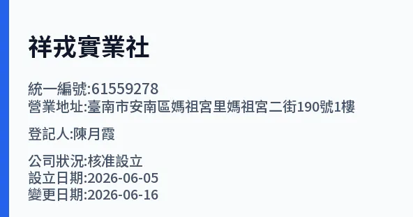 祥戎實業社的照片-統編 61559278(臺南市) 公司登記資料與營業項目詳細圖表