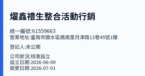 燿鑫禮生整合活動行銷的照片-統編 61559663(臺南市) 公司登記資料與營業項目詳細圖表
