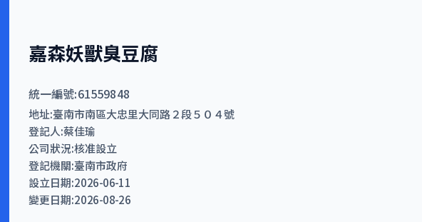 嘉森妖獸臭豆腐的照片-統編 61559848 公司登記資料與營業項目詳細圖表