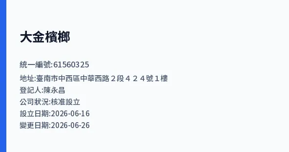 大金檳榔的照片-統編 61560325(臺南市) 公司登記資料與營業項目詳細圖表
