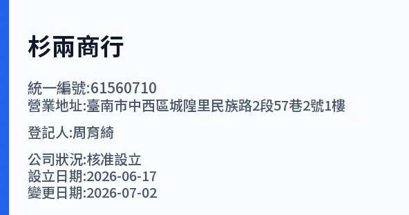 杉兩商行的照片-統編 61560710(臺南市) 公司登記資料與營業項目詳細圖表
