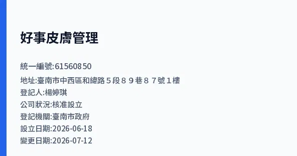 好事皮膚管理的照片-統編 61560850(臺南市) 公司登記資料與營業項目詳細圖表