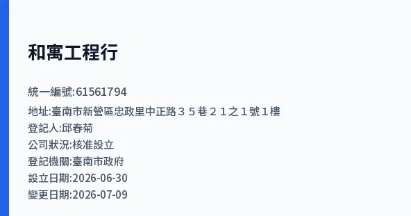 和寓工程行的照片-統編 61561794(臺南市) 公司登記資料與營業項目詳細圖表