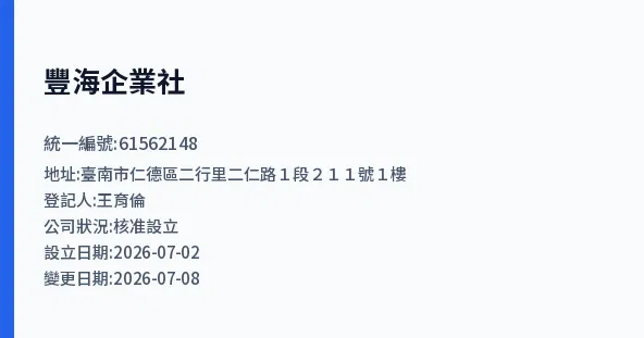 豐海企業社的照片-統編 61562148(臺南市) 公司登記資料與營業項目詳細圖表