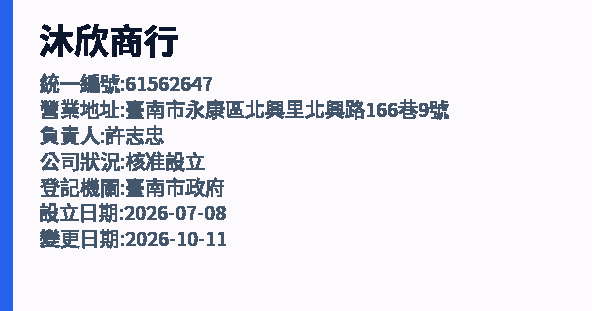 沐欣商行的照片-統編 61562647(臺南市) 公司登記資料與營業項目詳細圖表