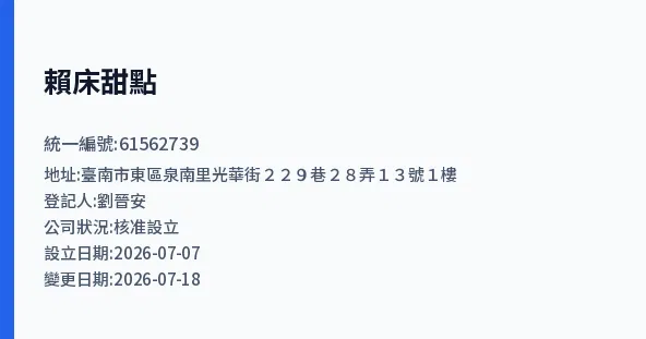 賴床甜點的照片-統編 61562739(臺南市) 公司登記資料與營業項目詳細圖表